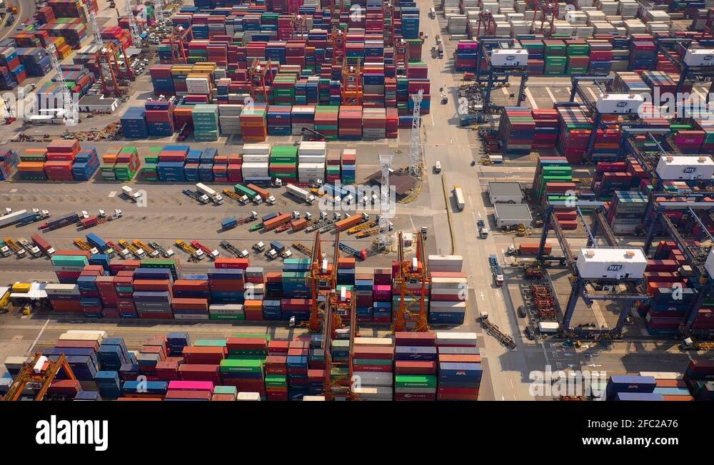 hong kong city port container terminal traffic aerial topdown panorama ...