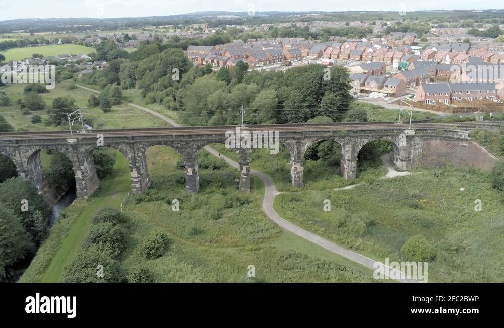 Sankey viaduct aerial above historical British railway arched bridge ...