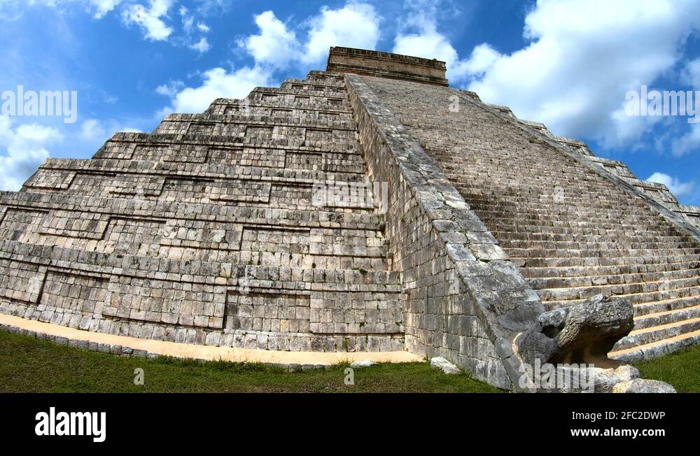 Serpents heads Ancient Mayan step Pyramid Chichen Itza Stock Video ...