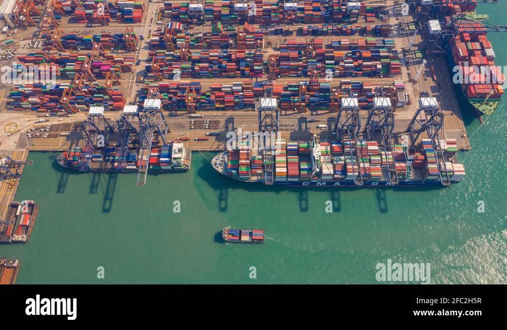 hong kong port container terminal ship traffic aerial topdown 4k ...