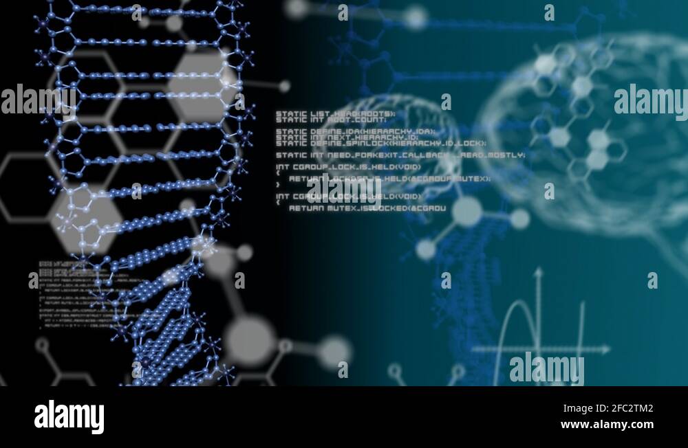 DNA, brain diagrams, data and molecular structures on black background ...