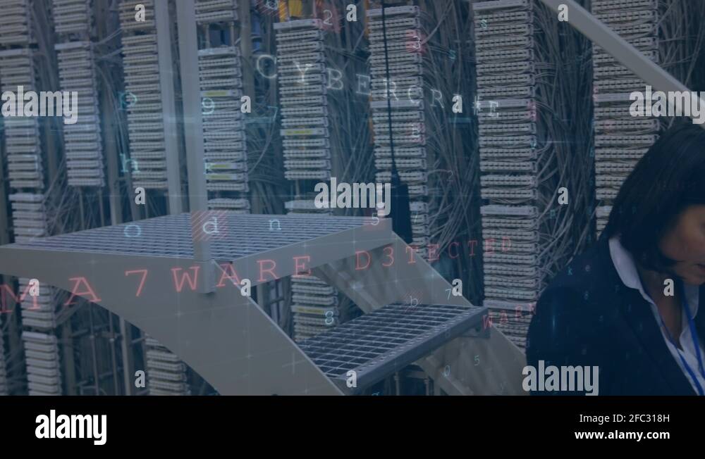Woman working in server room with moving data security messages Stock ...