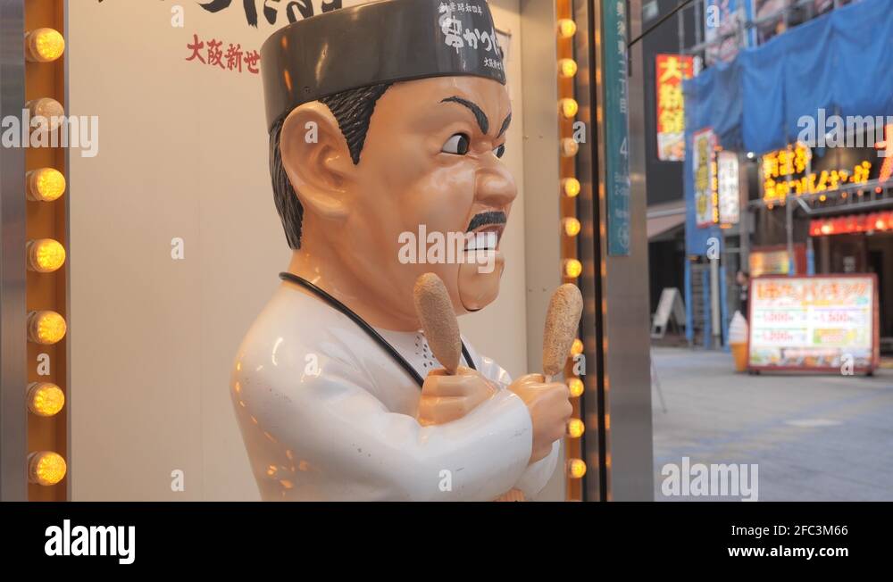 Angry chef statue at Kushikatsui restaurant,Osaka,Japan Stock Video ...