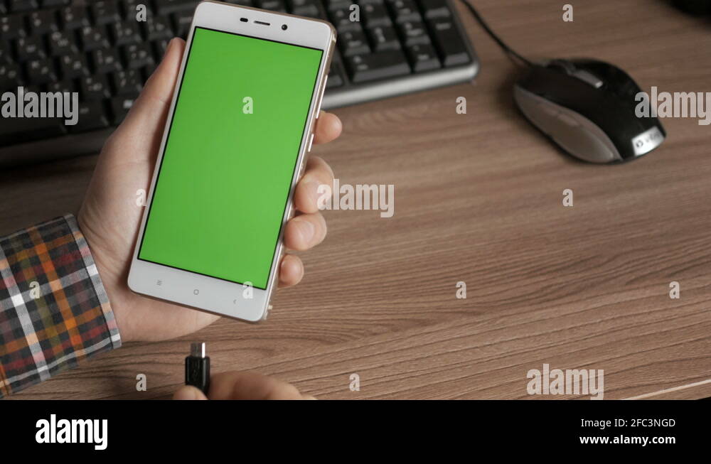 USB data cable connecting on modern gadget. Chroma key. Green screen ...