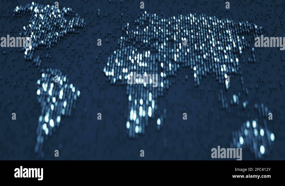 World map of glowing blue numbers 3D render seamless loop animation ...