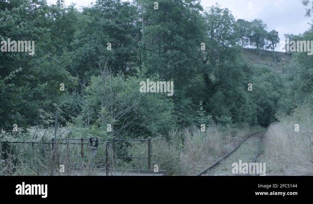 Old overgrown train track crosses a field with trees in Cornwall Stock ...