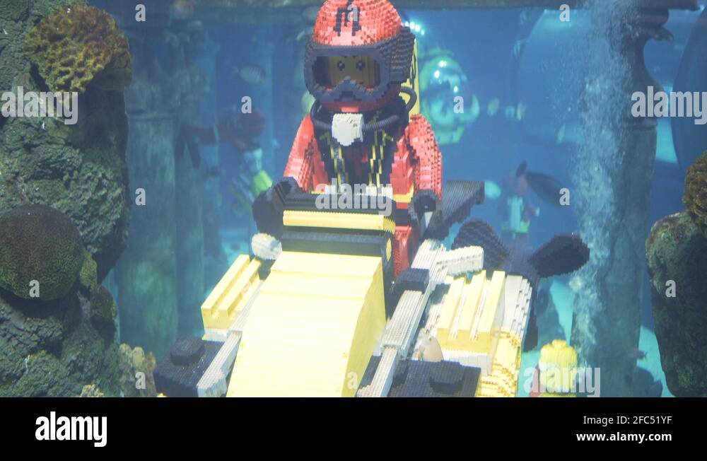 Reveal full size cartoon Lego diver on mini submarine in aquarium made ...