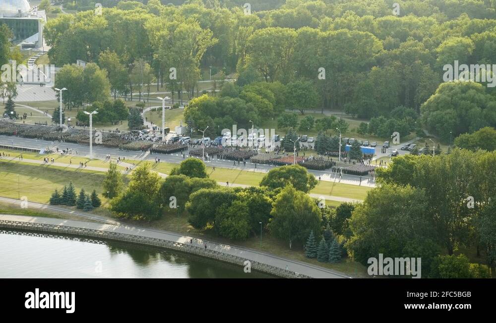 Military equipment and columns of people, independence day, parade, top ...