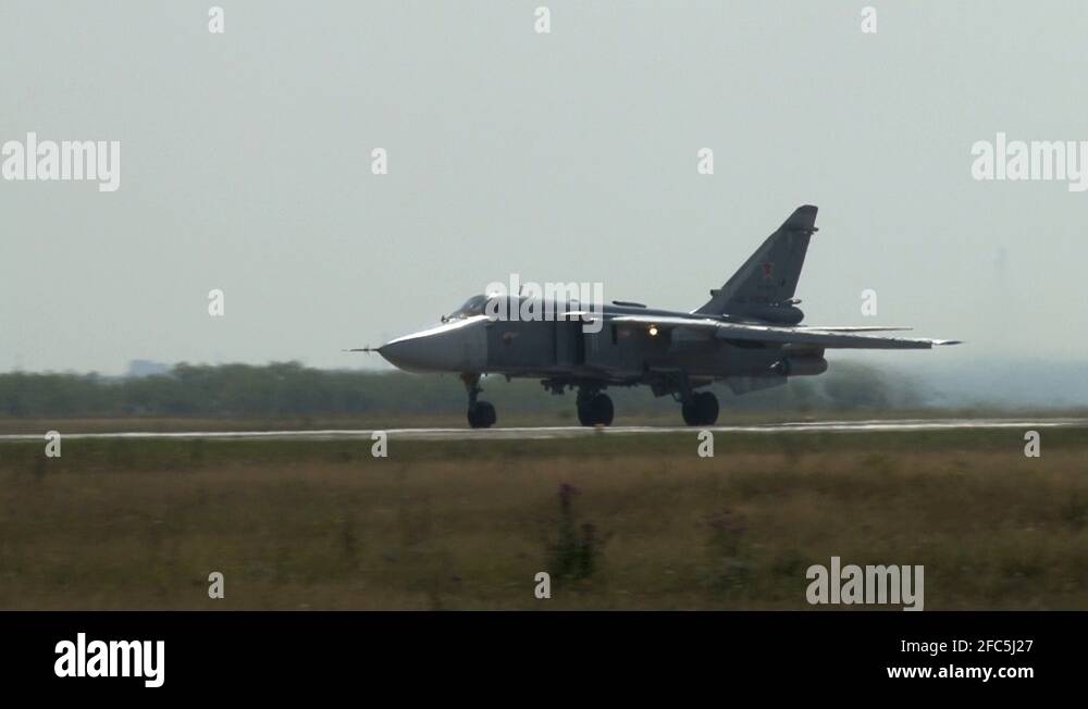 Sukhoi Su-24 Nato Name: Fencer Aircraft accelerates on runway and takes ...