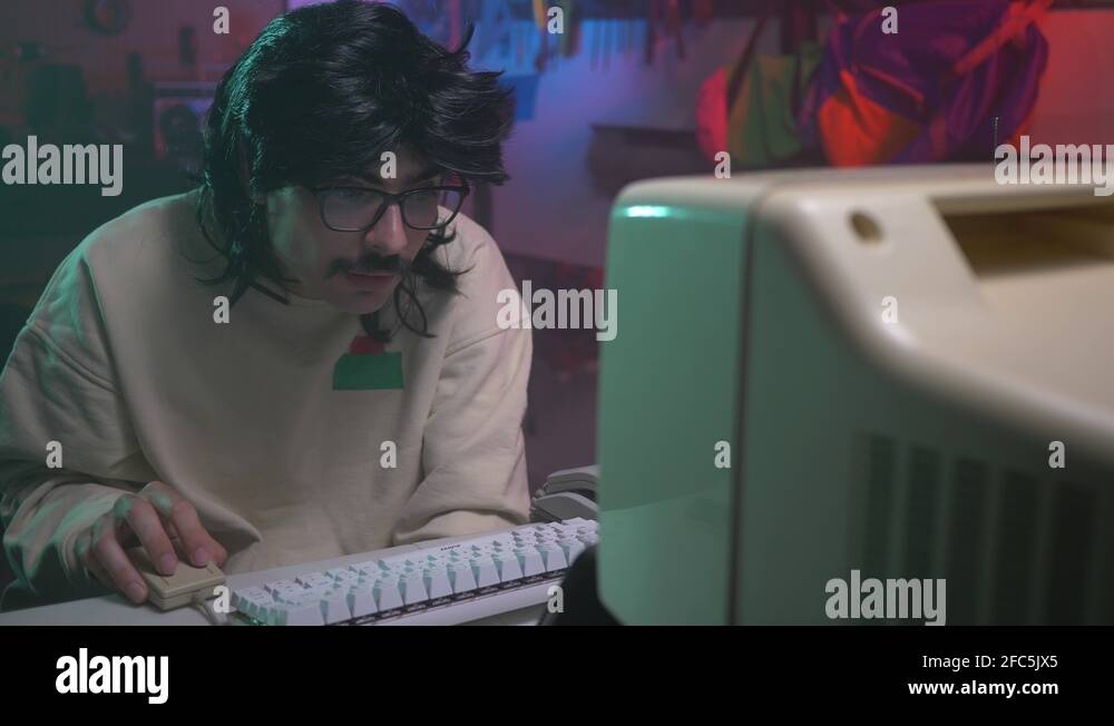 80s 90s Computer Nerd With Vintage Monitor Stock Video Footage - Alamy