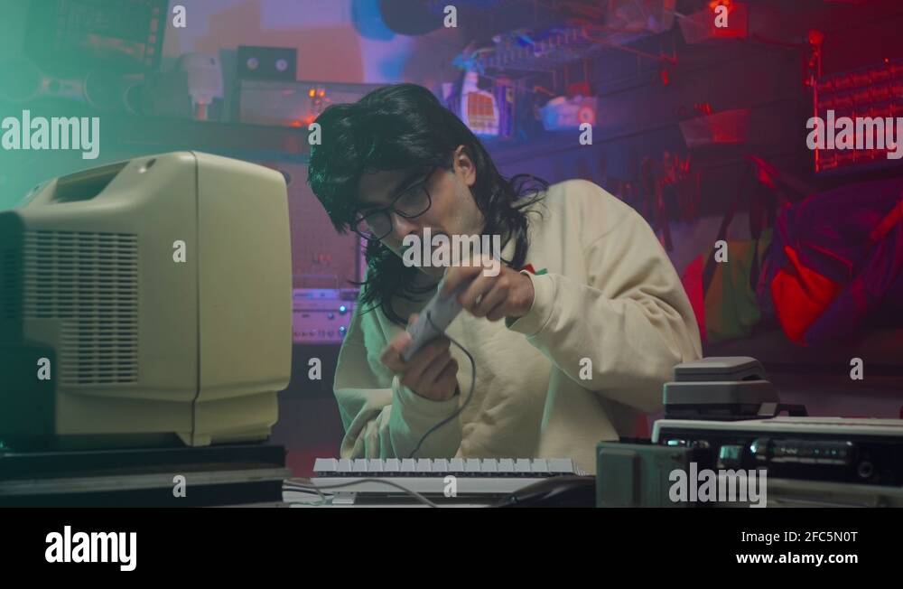 80s 90s Gamer Nerd With Controller Playing a Video Game Stock Video ...