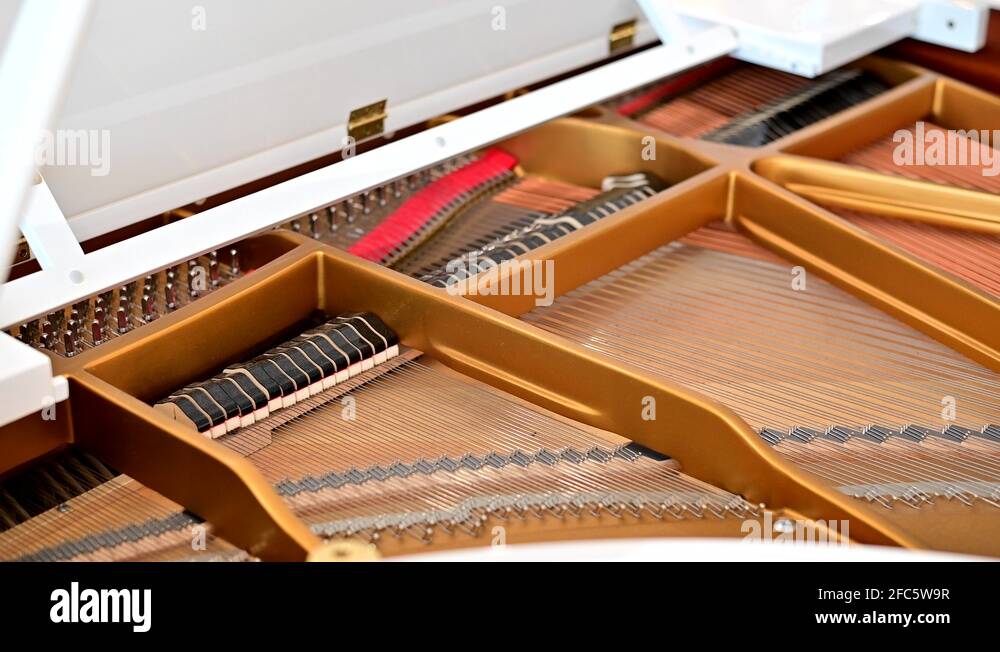 4K Inside of a grand piano hammers moving while pianist plays Stock ...