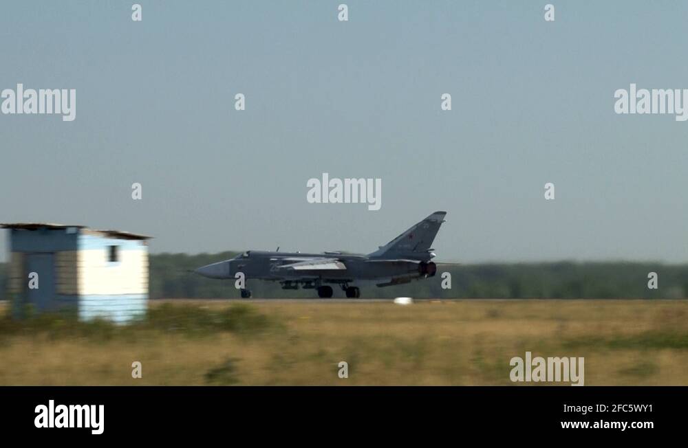 Sukhoi Su-24 Nato Name: Fencer Aircraft accelerates on runway and takes ...