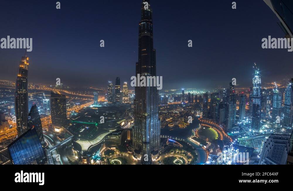 Paniramic skyline view of Dubai downtown with mall, fountains and Burj ...