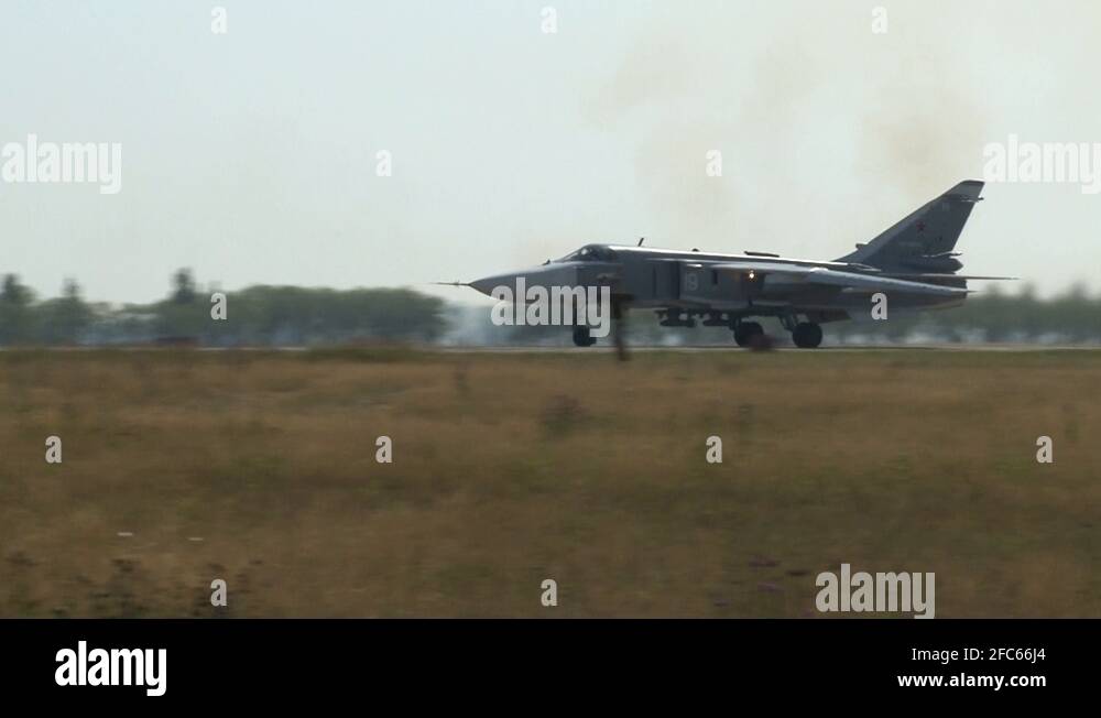 Sukhoi Su-24 Nato Name: Fencer Aircraft accelerates on runway and takes ...