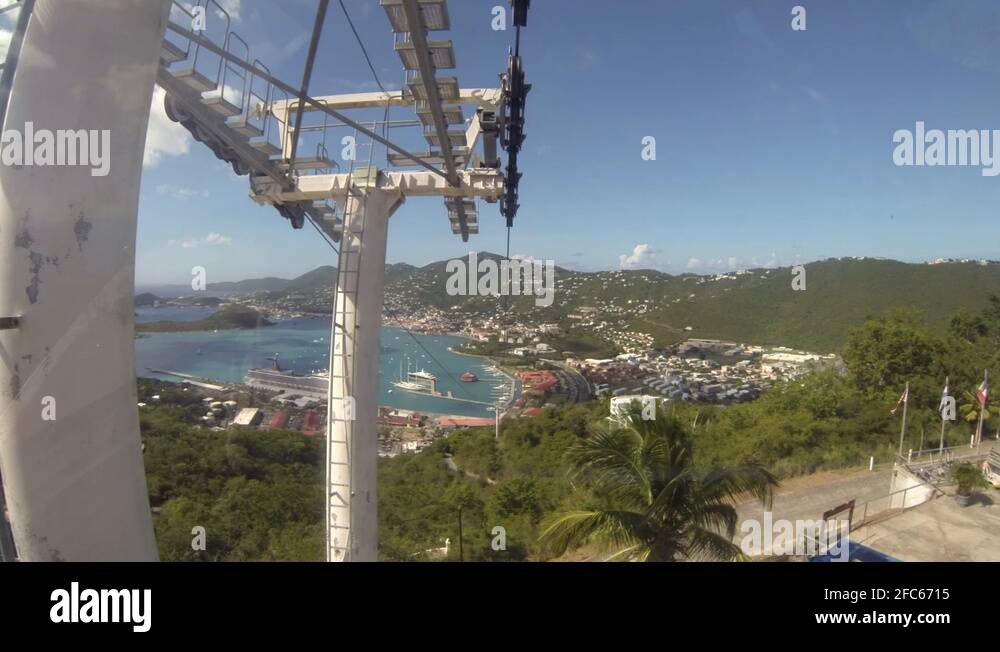 The cable car on St. Thomas going down the hill; back view Stock Video ...