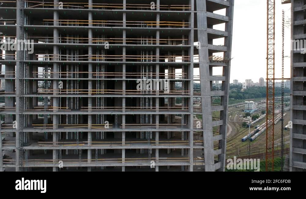 An aerial view of a residential building in construction of a brick ...
