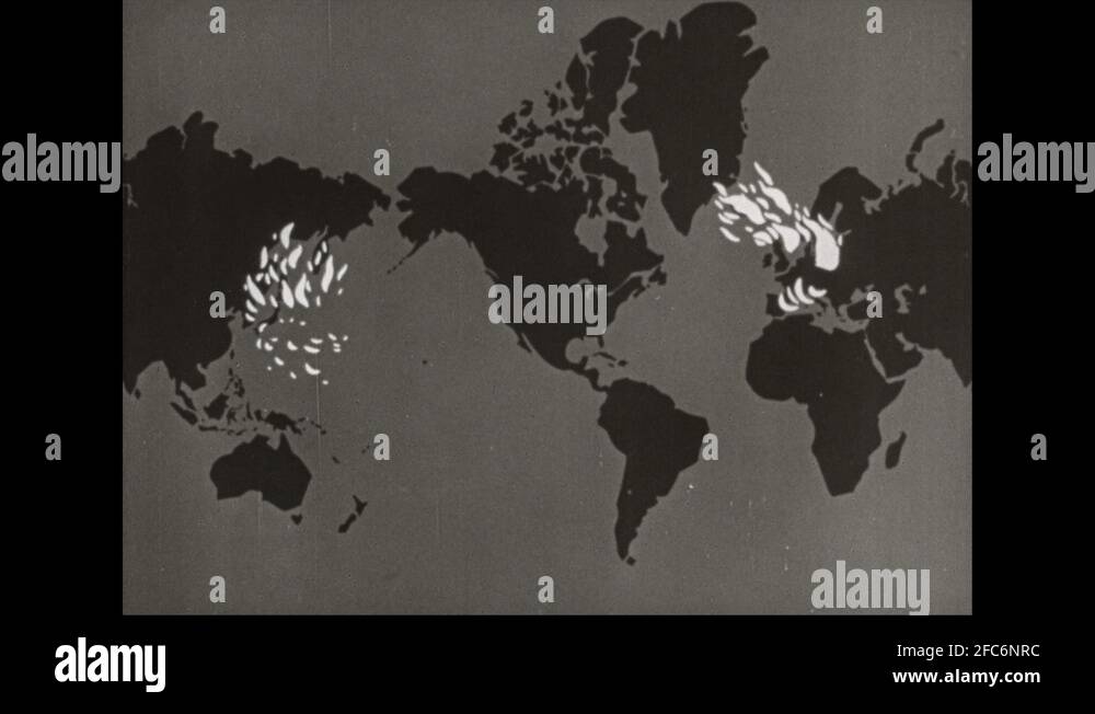 1940s: Map of world with flags marking Germany and Japan with planes ...