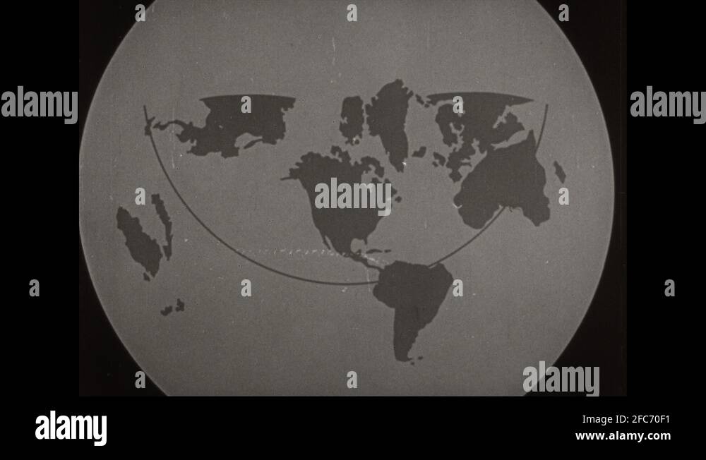 1940s: Flat map of the world turns into round globe with flags over ...