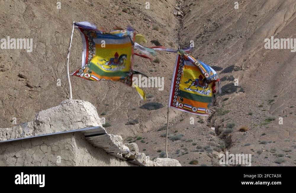 Himalayan prayer flags flutter as a gust of wind pass through the Stock ...