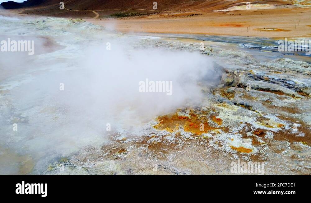 Icelandic geothermal Namafjall fumaroles steam vent static with ...