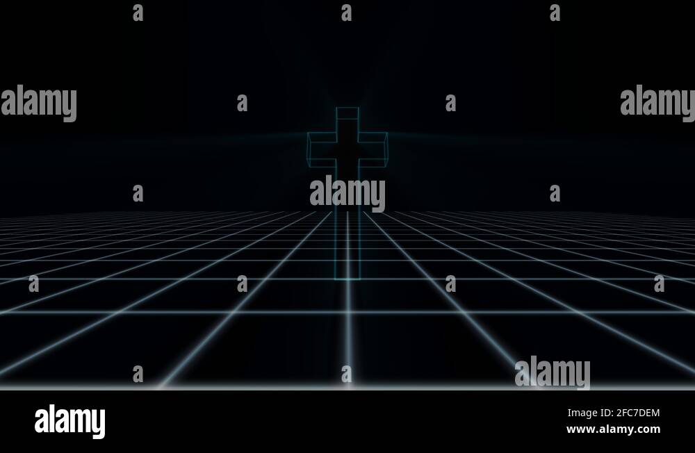 Synthwave Retro Glowing 3D Cross in Cyan Wireframe Standing Upright ...