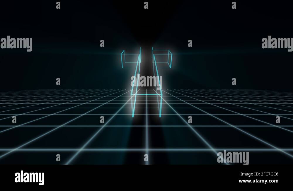 Synthwave Retro Glowing 3D Cross in Cyan Wireframe Standing Angled ...