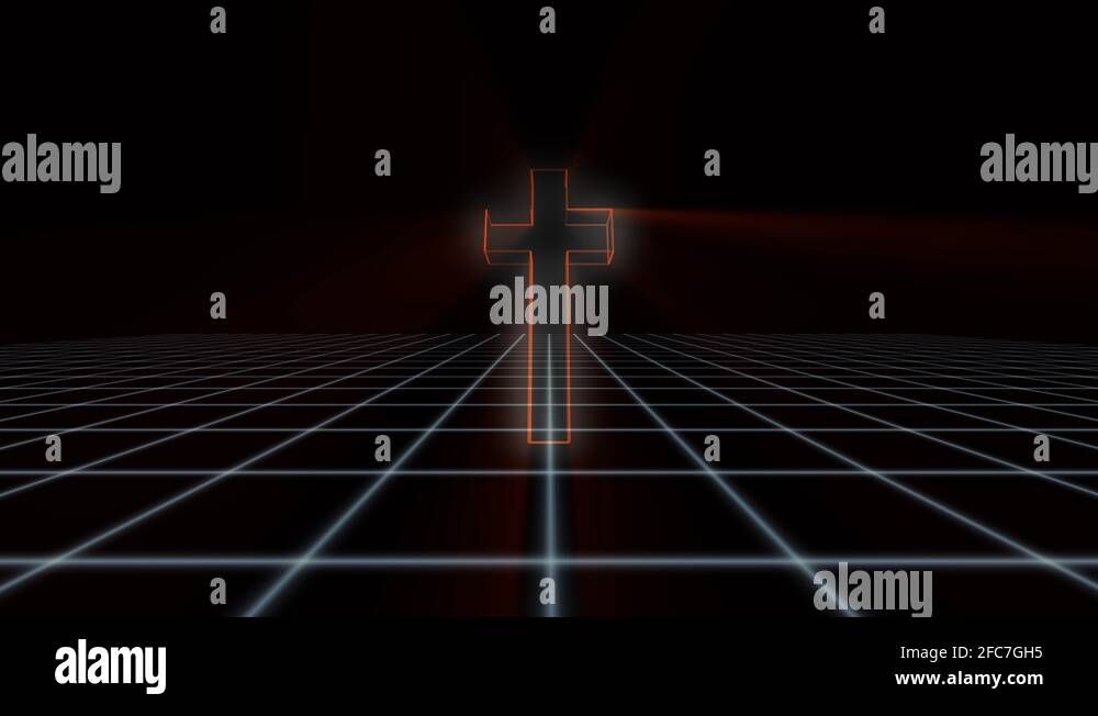 Synthwave Retro Glowing 3D Cross in Red Wireframe Standing Upright ...