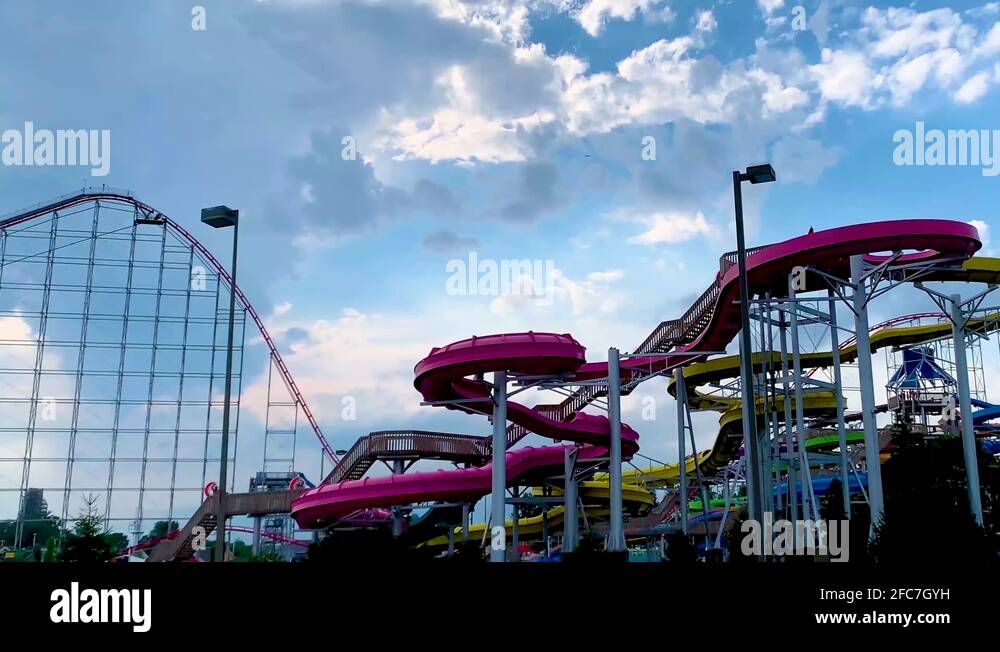 Cedar point water sildes and roller coaster view with dramatic sky ...