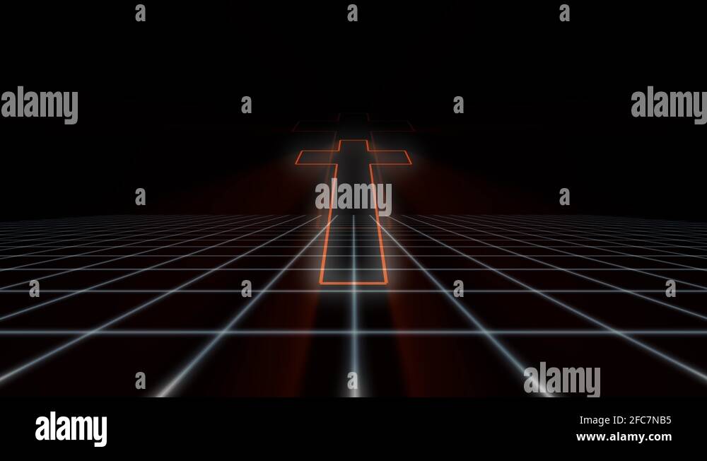 Synthwave Retro Glowing 3D Cross in Red Wireframe Standing Angled ...