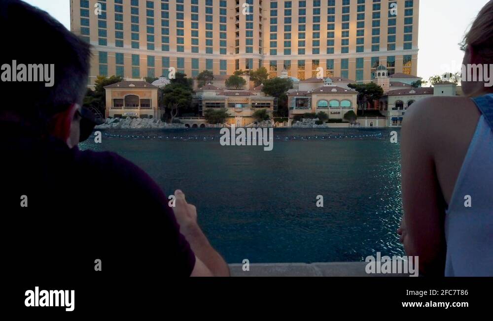 Bellagio Hotel front view of water fountains and hotel facade Stock ...