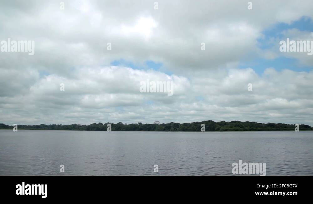 Crossing by boat the Amazon river, sailing up to the rainforest on the ...