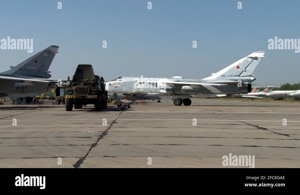 Sukhoi Su-24 (NATO: Fencer) Aircraft moves along taxiway after landing ...
