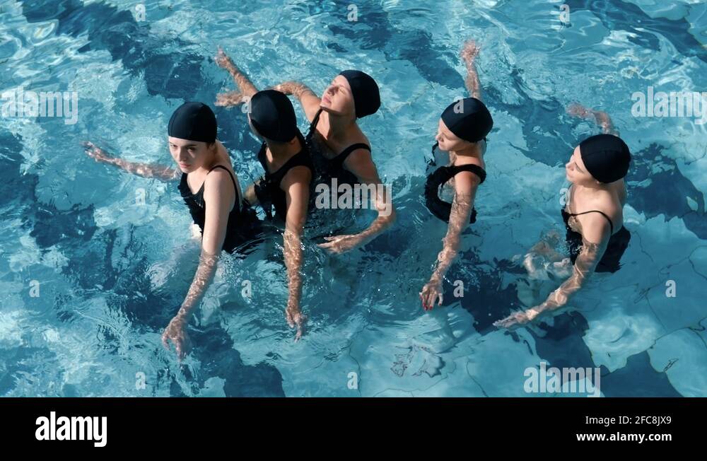 Five Beautiful Girls Swim In The Open Air Pool Girls In A Black Swimsuit Stock Video Footage
