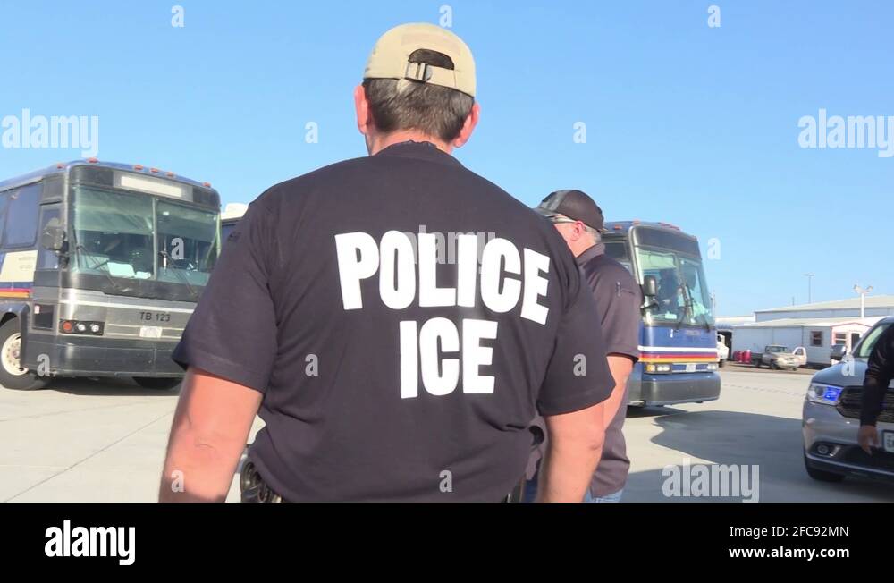 ICE officer waiting for immigrants to board buses for deportation to ...