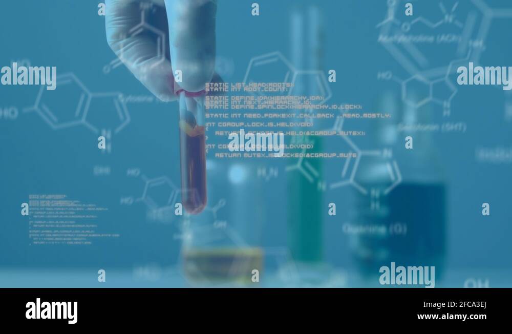 Test tube with data and structural formula of chemical compounds in the ...
