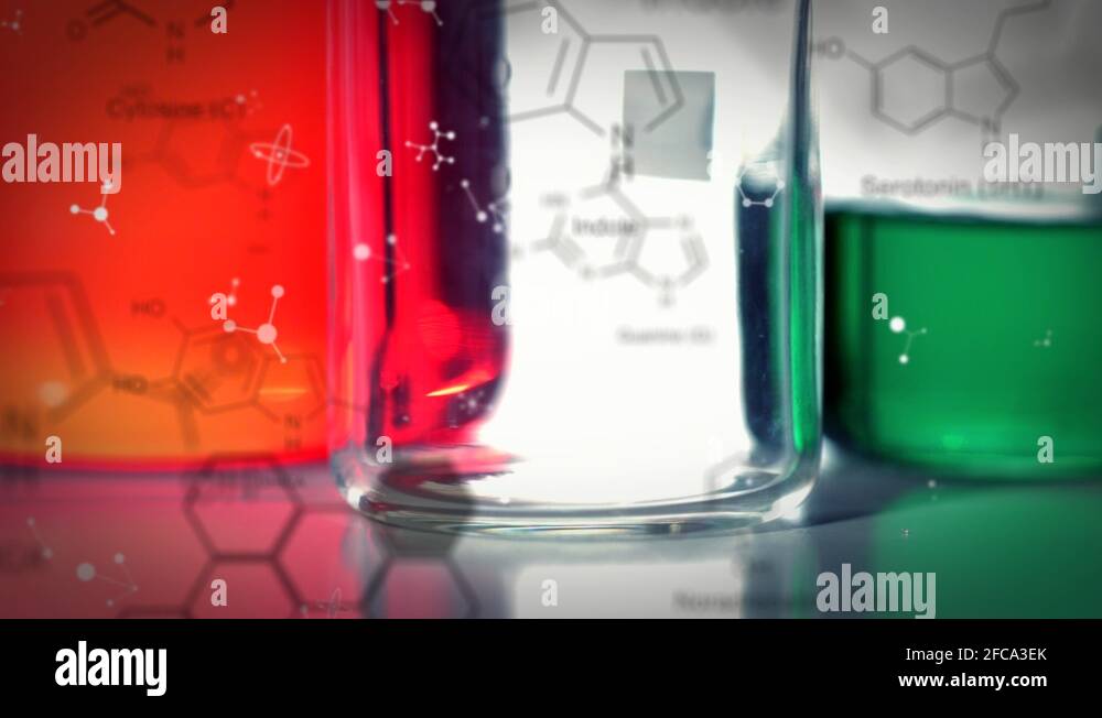 Laboratory beakers with data and structural formula of chemical ...