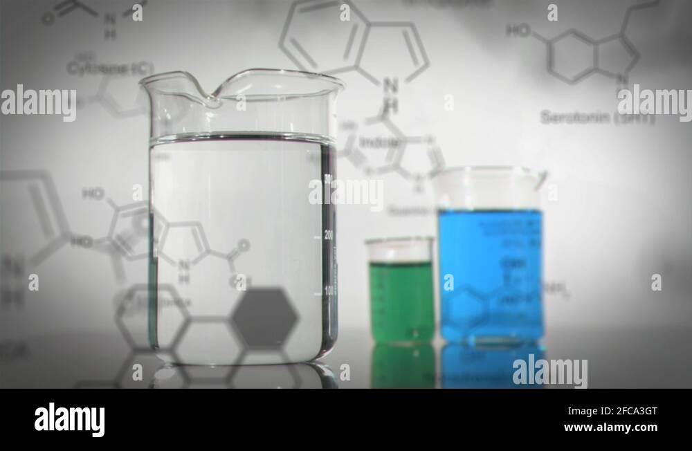 Laboratory beakers with data and structural formula of chemical ...