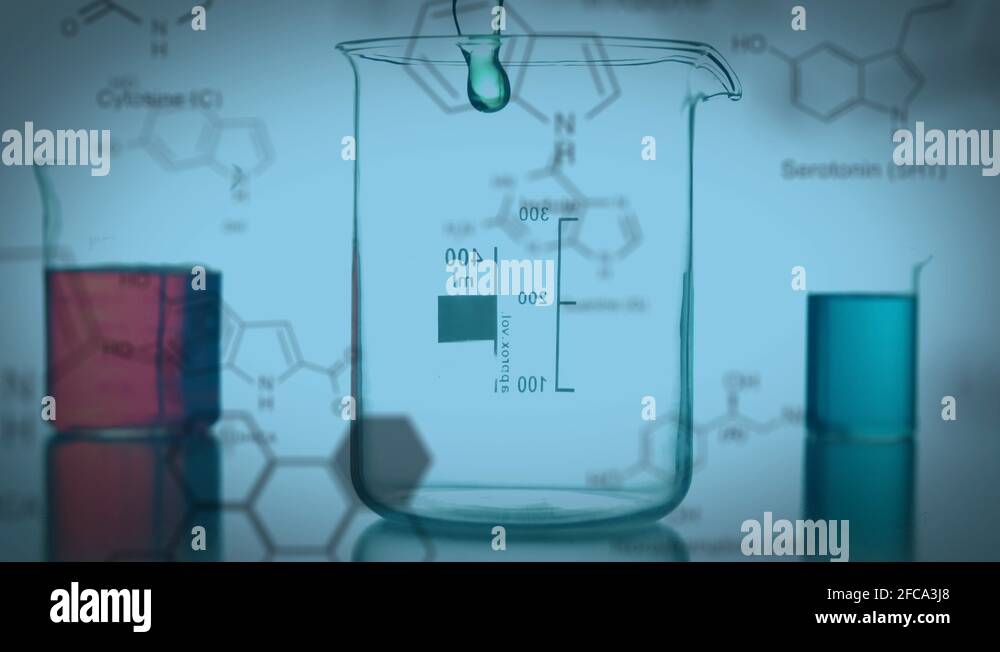 Laboratory beakers with data and structural formula of chemical ...