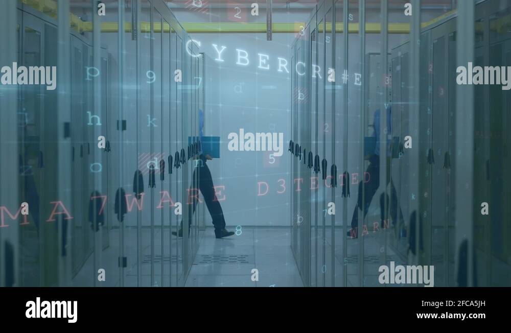 Man walking into a computer server room while warning messages appear ...