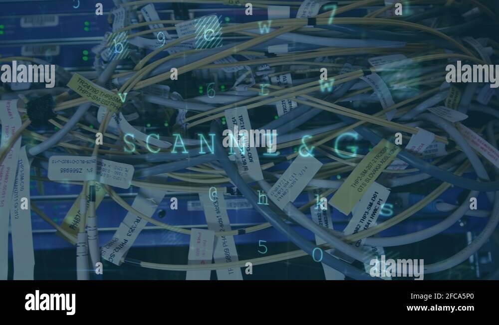 Cables in a computer server room with warning messages appearing in ...