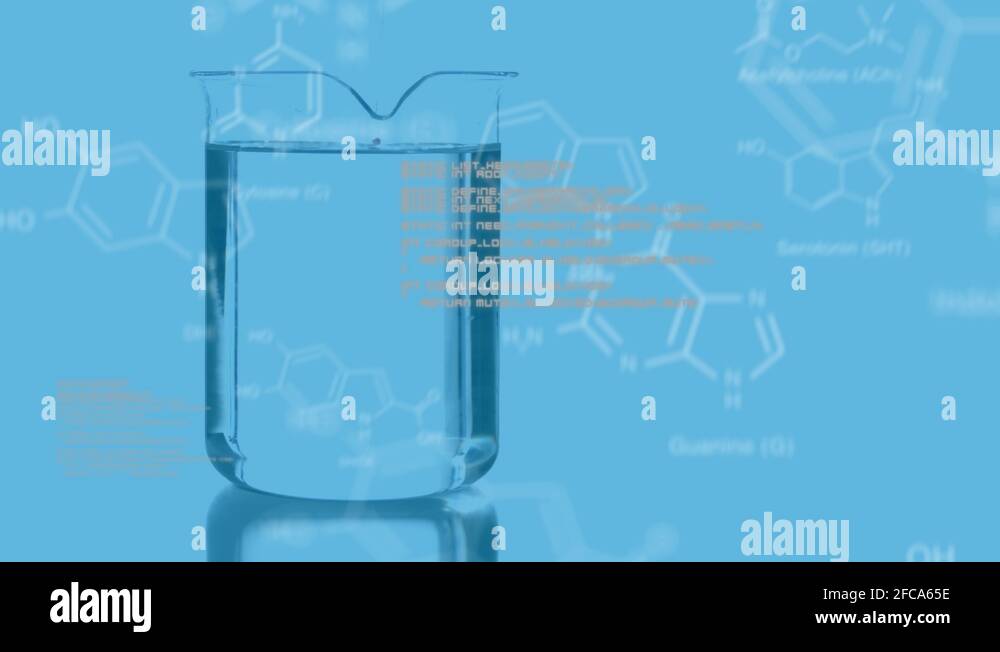 Laboratory beaker falling with data and structural formula of chemical ...
