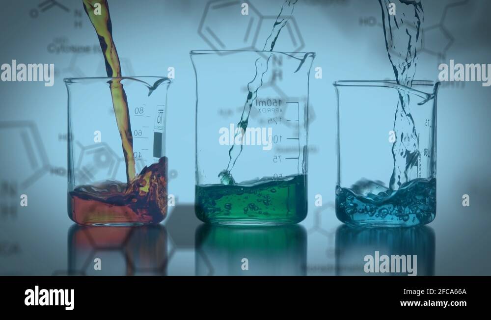 Laboratory beakers with data and structural formula of chemical ...