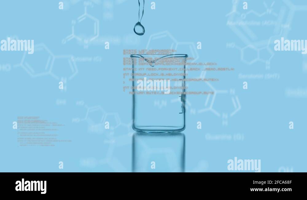 Laboratory beaker with data and structural formula of chemical ...