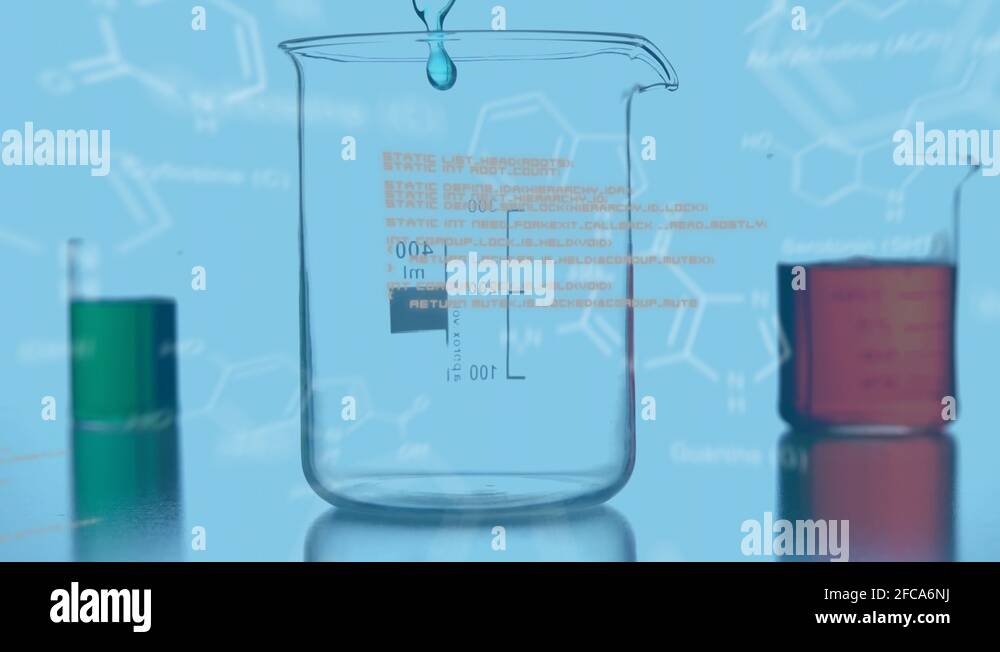 Laboratory beakers with data and structural formula of chemical ...