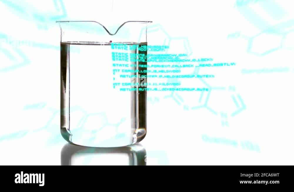 Laboratory beaker with data and structural formula of chemical ...