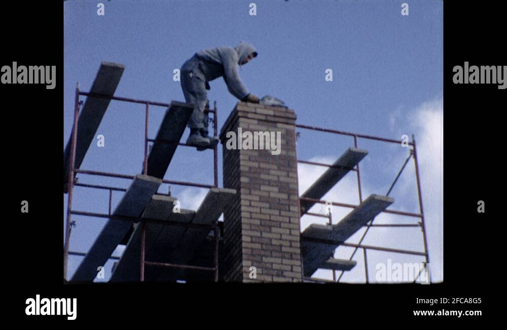 1960s Man Mason Bricklayer Works on Scaffold Lays Brick Vintage Film ...