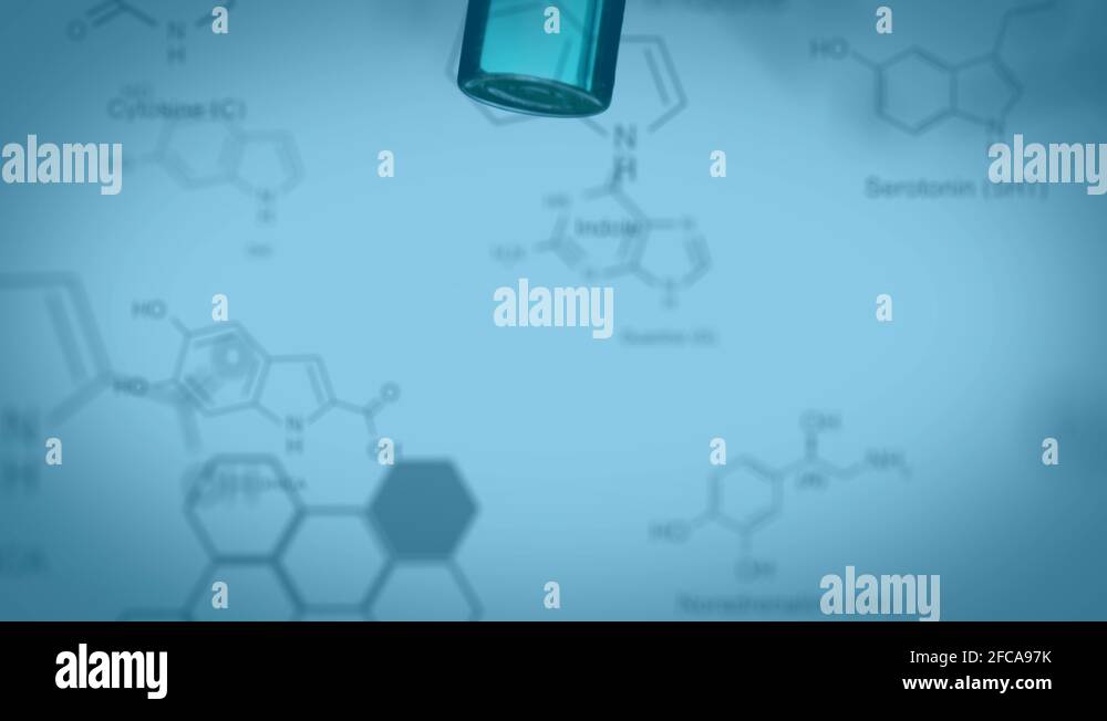 Laboratory beaker falling with data and structural formula of chemical ...