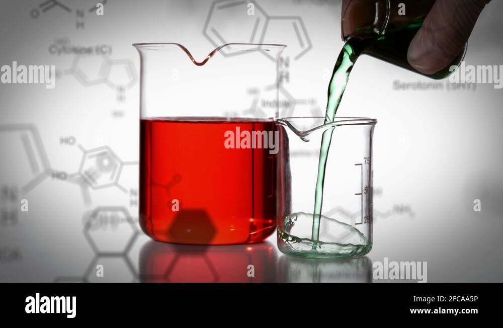 Laboratory beakers with data and structural formula of chemical ...