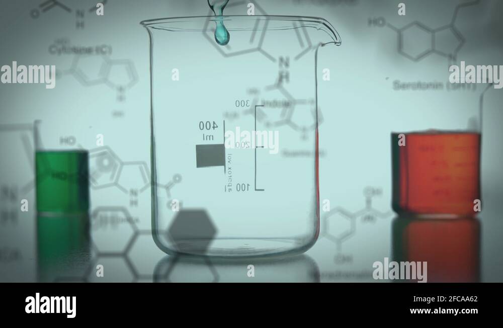 Laboratory beakers with data and structural formula of chemical ...